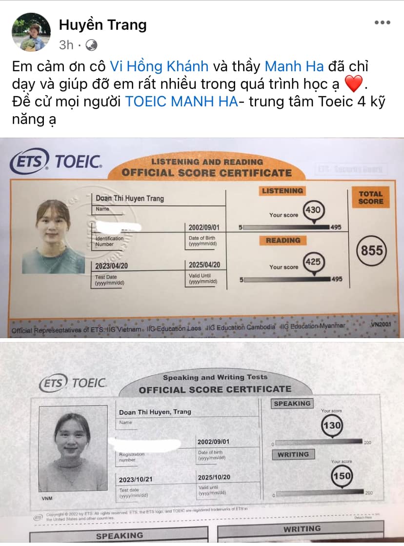 Đoàn Thị Huyền Trang - 855/990 - 20/04/2023 & 280/400 - 21/10/2023 - Manh Ha English