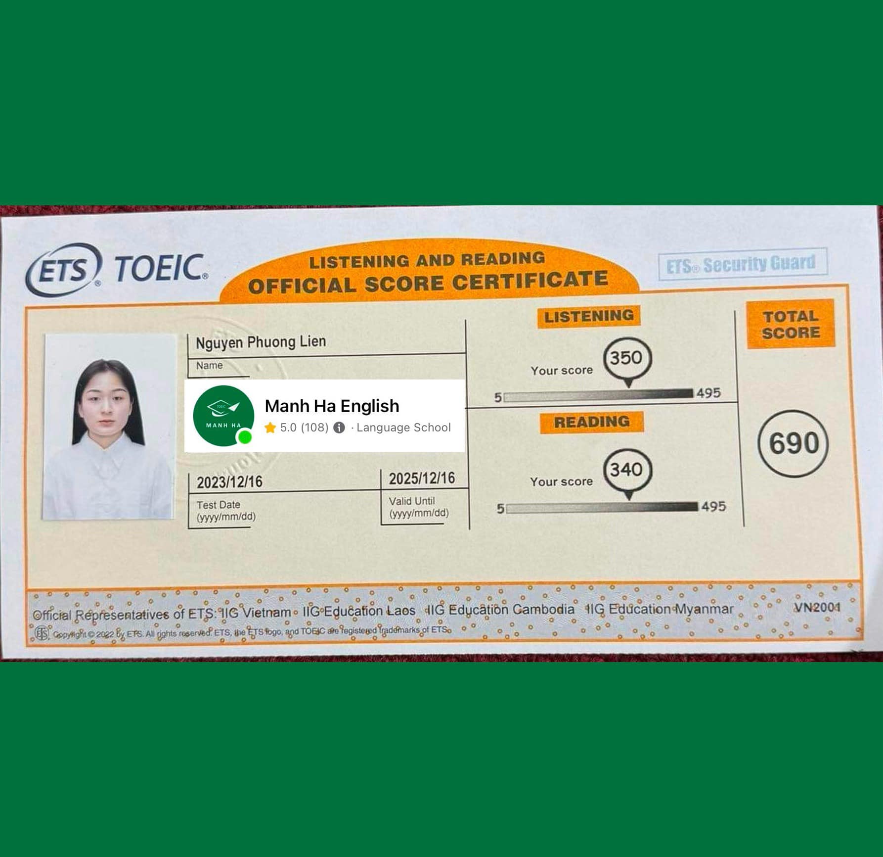 Nguyễn Phương Liên - 690/990 - 16/12/2023 - Manh Ha English